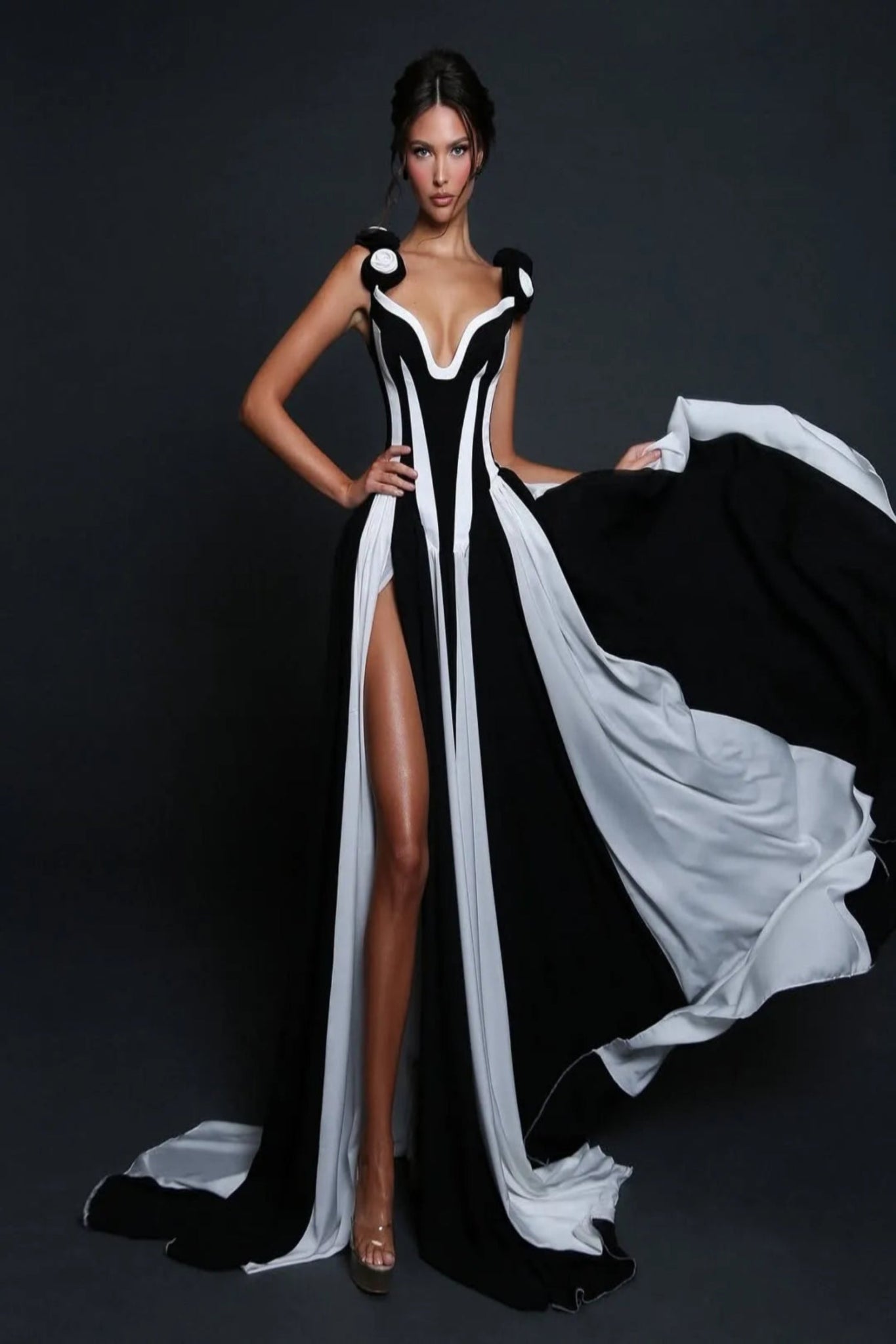 Isla – Monochrome Sculpted Split Gown in Black & White